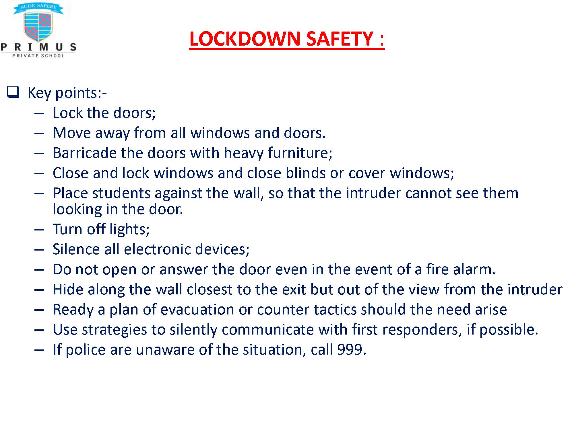 Lock Down - Primus Private School